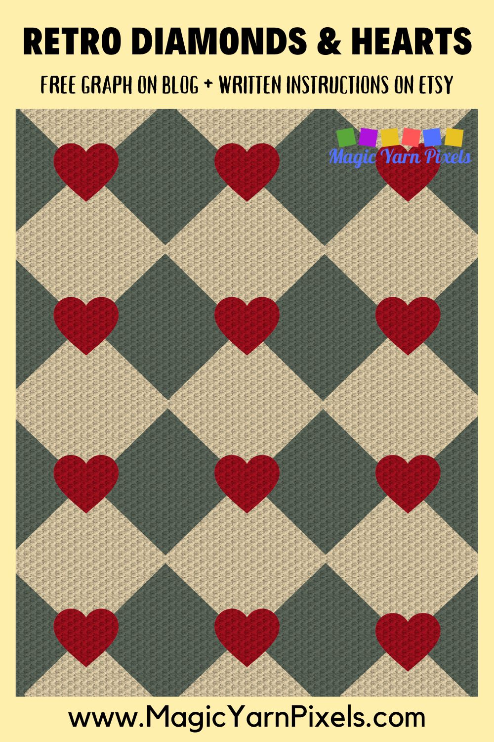 Retro Diamonds & Hearts C2C Crochet Pattern & Free Graph - Magic Yarn ...